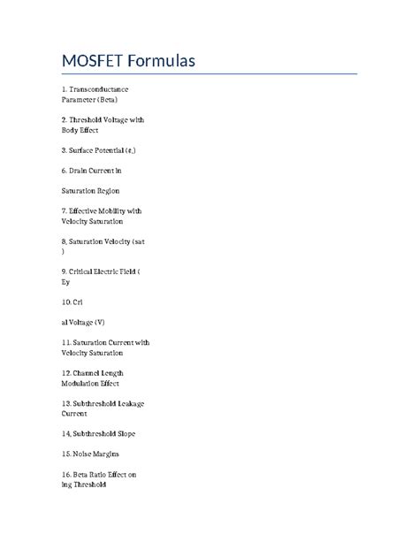 Image result for MOS FET Formulas