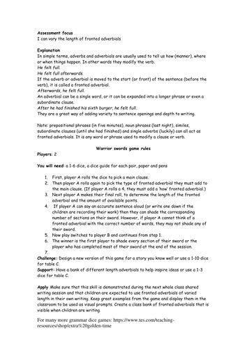 Fronted adverbials, dice games, presentation | Teaching Resources