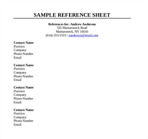 Image result for Reference Sheet Example