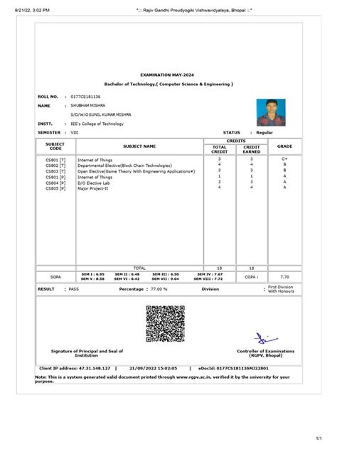 Image result for B.Tech Computer Science Mark Sheets