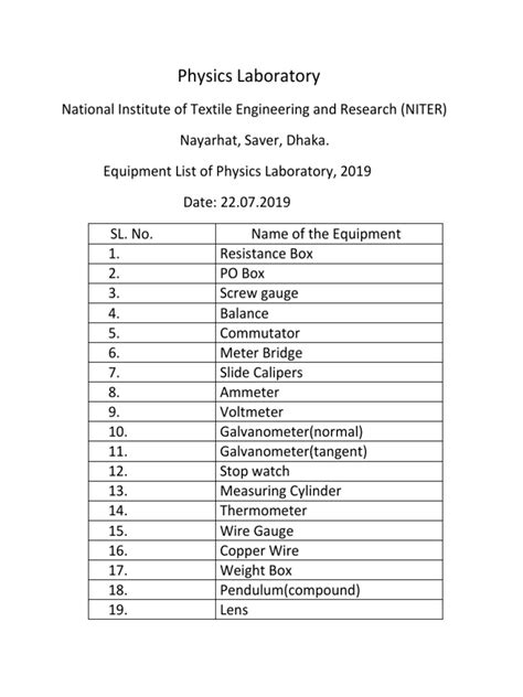 Equipment List of Physics Lab - I & II | PDF
