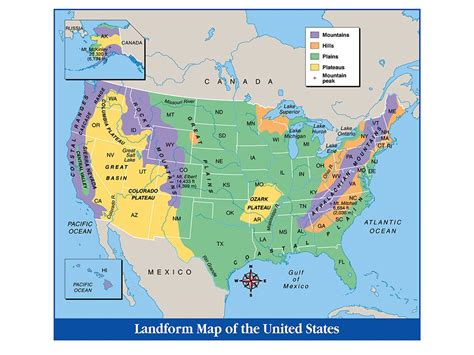 Map of the United States with Landforms and Major Cities