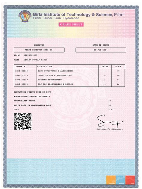 Image result for B.Tech Computer Science Mark Sheets