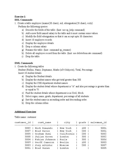 Image result for Sample Table for SQL Exercise