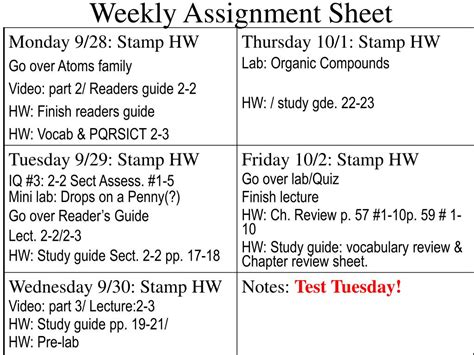Image result for Weekly Assignment Sheet Excel