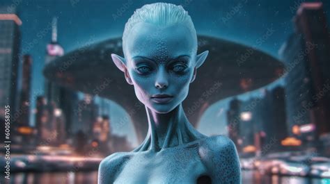 Portrait of an alien girl with pale blue skin and big eyes, a race of ...