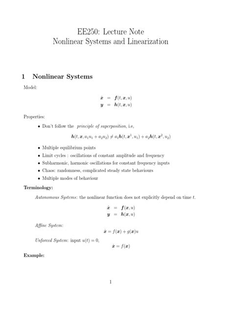 EE250: Lecture Note Nonlinear Systems and Linearization | PDF ...