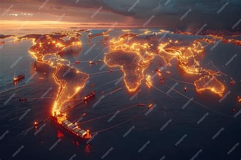 Premium Photo | Glowing world map with trade paths and ships shows ...