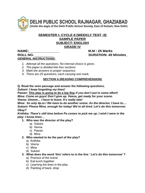 Image result for Class 4th English Sample Paper