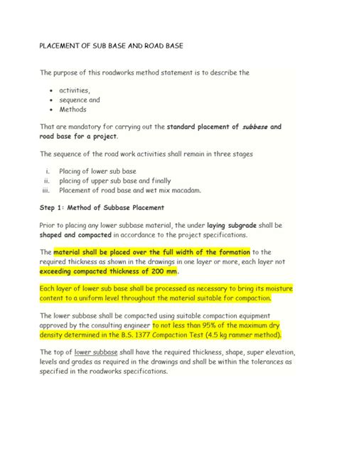 ROAD CONSTRUCTION-PLACEMENT OF SUB BASE AND ROAD BASE | PDF | Road ...