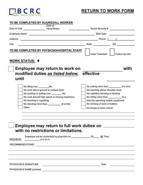 Image result for Return to Work Note with Restrictions