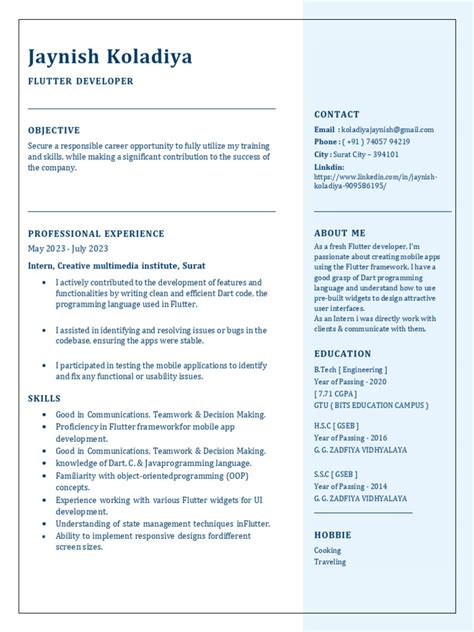 Image result for Flutter Developer CV