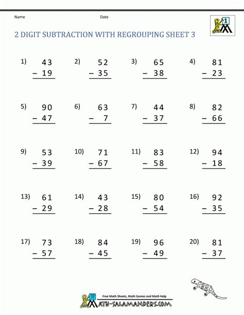 Image result for Subtracting Two-Digit Numbers Worksheet