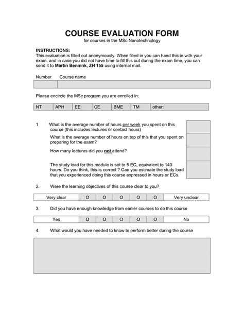 Image result for Sample Course Evaluation Form
