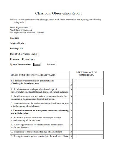 Image result for Classroom Observation Report Sample