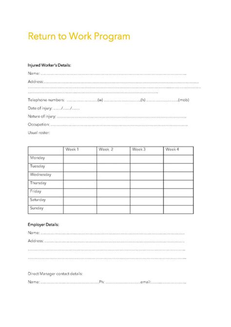 Image result for Return to Work Program Template