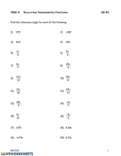 CW TRIG-5 Reference Angles WS1 online exercise for - Worksheets Library