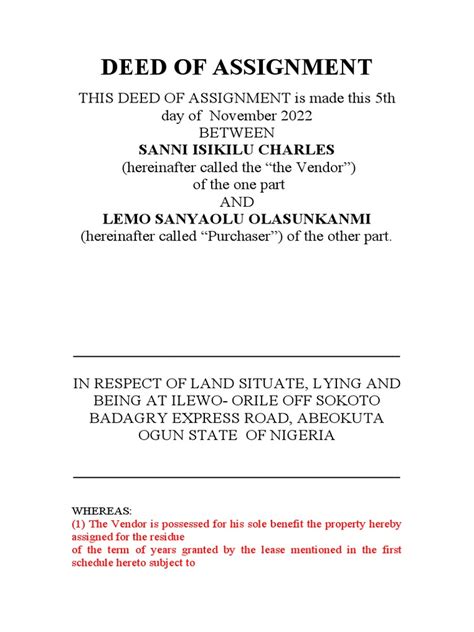 Image result for Deed of Assignment