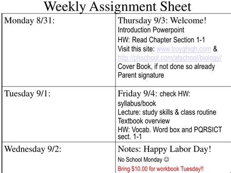 Image result for Weekly Assignment Sheet Excel