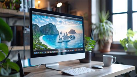 A Modern Office Setup Featuring a Desktop Computer Displaying a ...