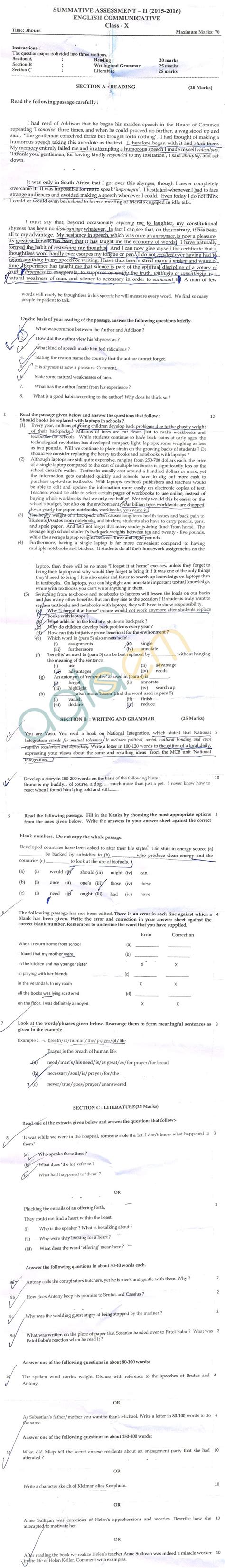 Image result for English Class 10 Question Paper