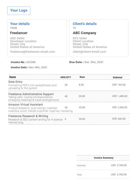 Image result for Freelance Invoice Example