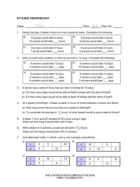 Image result for Inverse Proportion Worksheet
