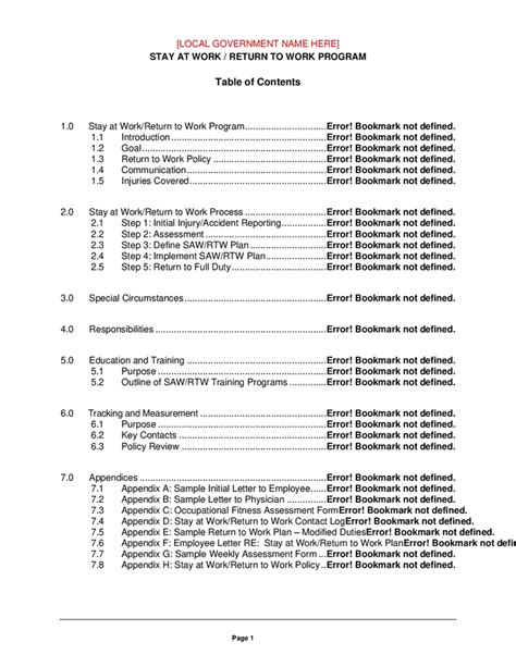 Image result for Return to Work Program Template