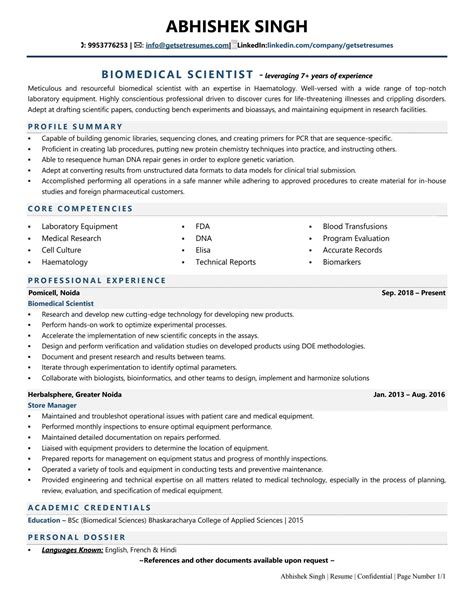 Image result for Biomedical Science Student Resume