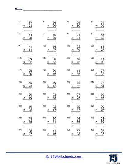 Image result for Double Over Double-Digit Multiplication with Grid Worksheet