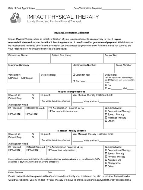 Image result for Physical Therapy Insurance Verification Form