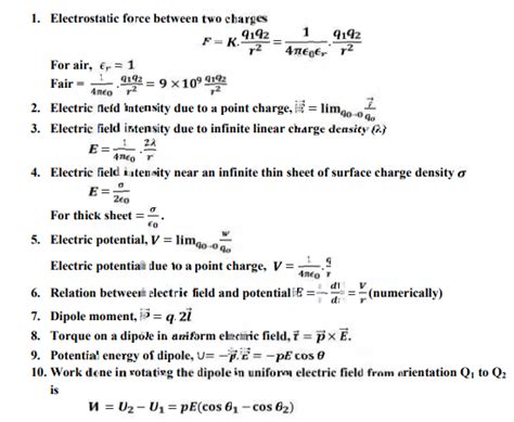 Image result for Class 12 Physics Chapter 1 JEE Formula
