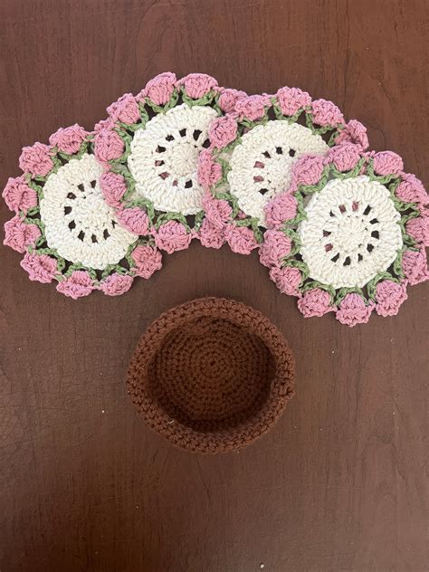 Crochet Coasters Pattern Flowers Flower Pot Holder Coasters Plant Decor ...