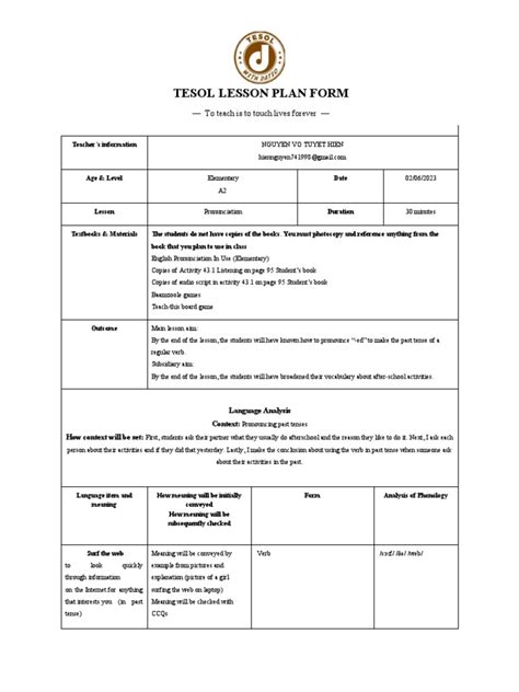 Image result for TESOL Lesson Plan Examples