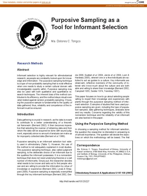 Purposive Sampling As A Tool For Informant Selection: Ma. Dolores C ...