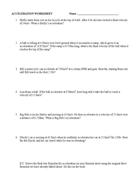 Image result for Physics Acceleration Worksheet