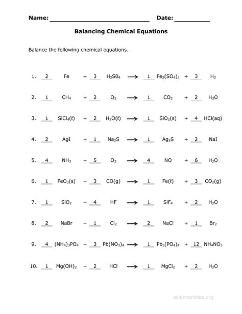 Balancing Chemical Equations Worksheet - Worksheets Library