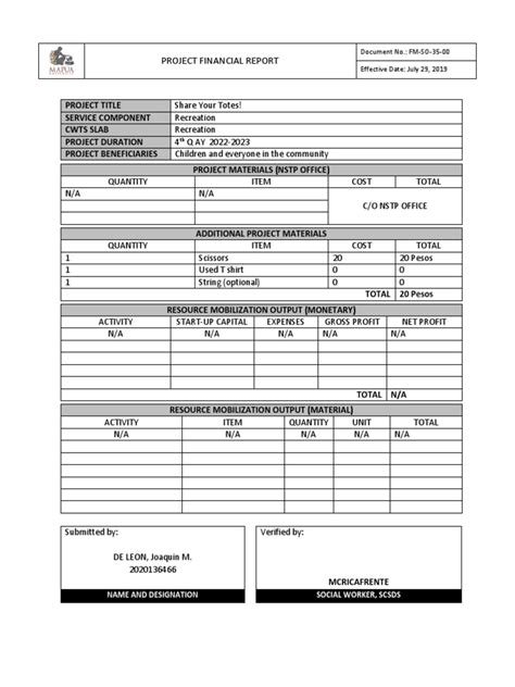 Image result for Project Financial Statement Example