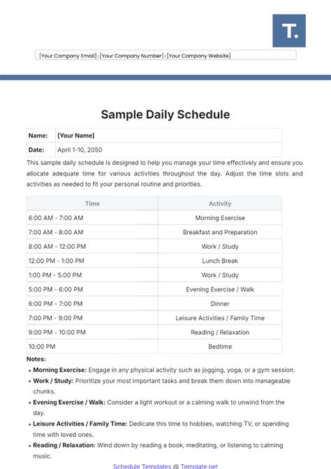 Image result for Example of a Schedule