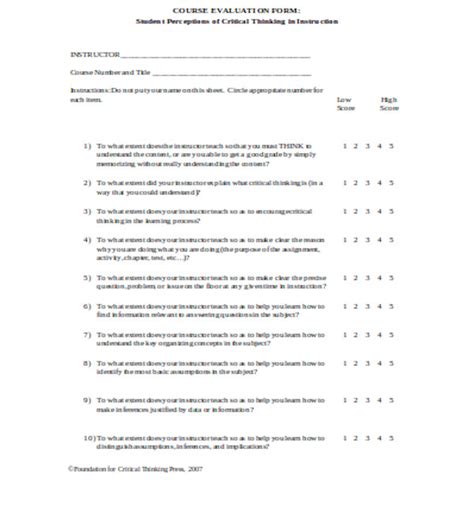 Image result for Sample Course Evaluation Form