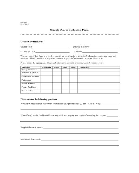 Image result for Sample Course Evaluation Form