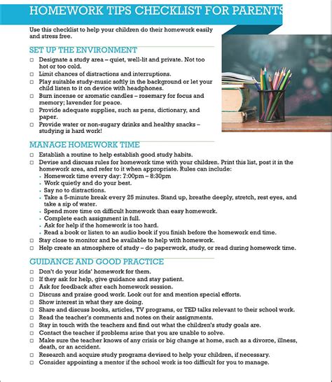 Homework tips checklist