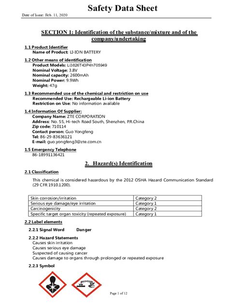 Image result for Example of SDS Sheet