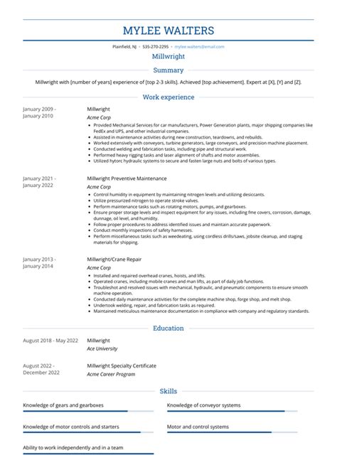 Image result for Millwright Resume Sample