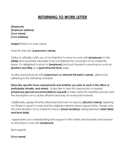 Image result for Return to Work Cover Letter Examples