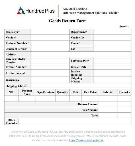Image result for Return Form Example