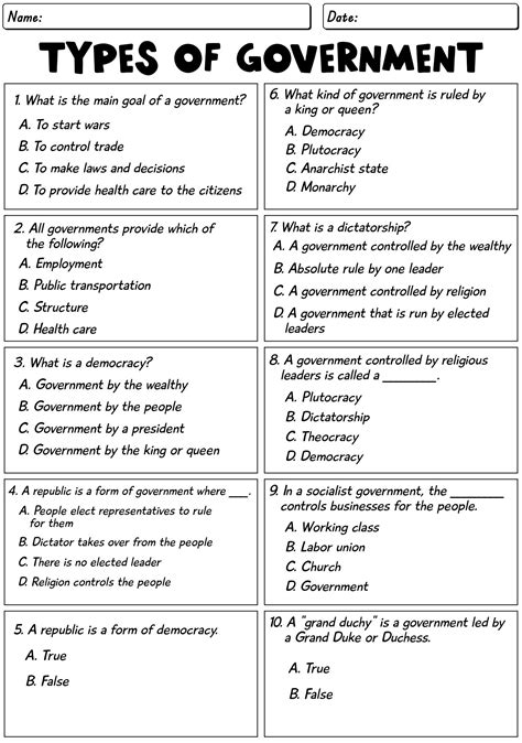Image result for Types of Government Systems Worksheet