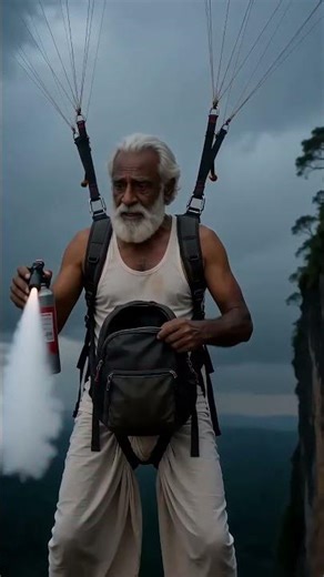 The old man jumped off the cliff with the wolf cub in his arms, eventually landing in his shelter.