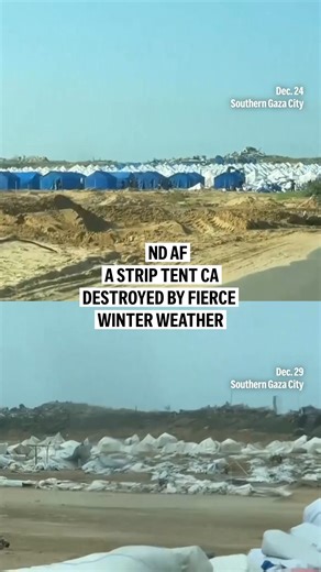 Thousands of displaced Palestinians in the Gaza Strip are struggling to keep themselves warm through harsh winter conditions as uncertainty rises around the implementation of the second phase of the ceasefire deal. AP footage shows the before and after of a recently established deserted displacement camp in the Netzarim affected by the winds and rain in central Gaza. | AP
