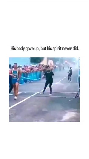 Reels fountain on Instagram: "This instagram reel shares a 20-second video of an exhausted male runner collapsing and crawling across a "CHEGADA" (Portuguese for finish line) at what appears to be a marathon event, aided by volunteers amid cheering crowds and pyrotechnics. Caption "His body gave up, but his spirit never did" captures the inspirational theme of mental fortitude over physical limits, driving 5,500+ likes and 327,000 views within 24 hours. Replies, predominantly in Indonesian, blen